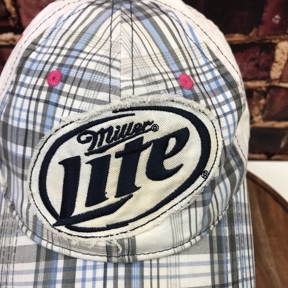 miller | Accessories | Miller Lite Beer Hat Cap Plaid Front Blue Pink ...